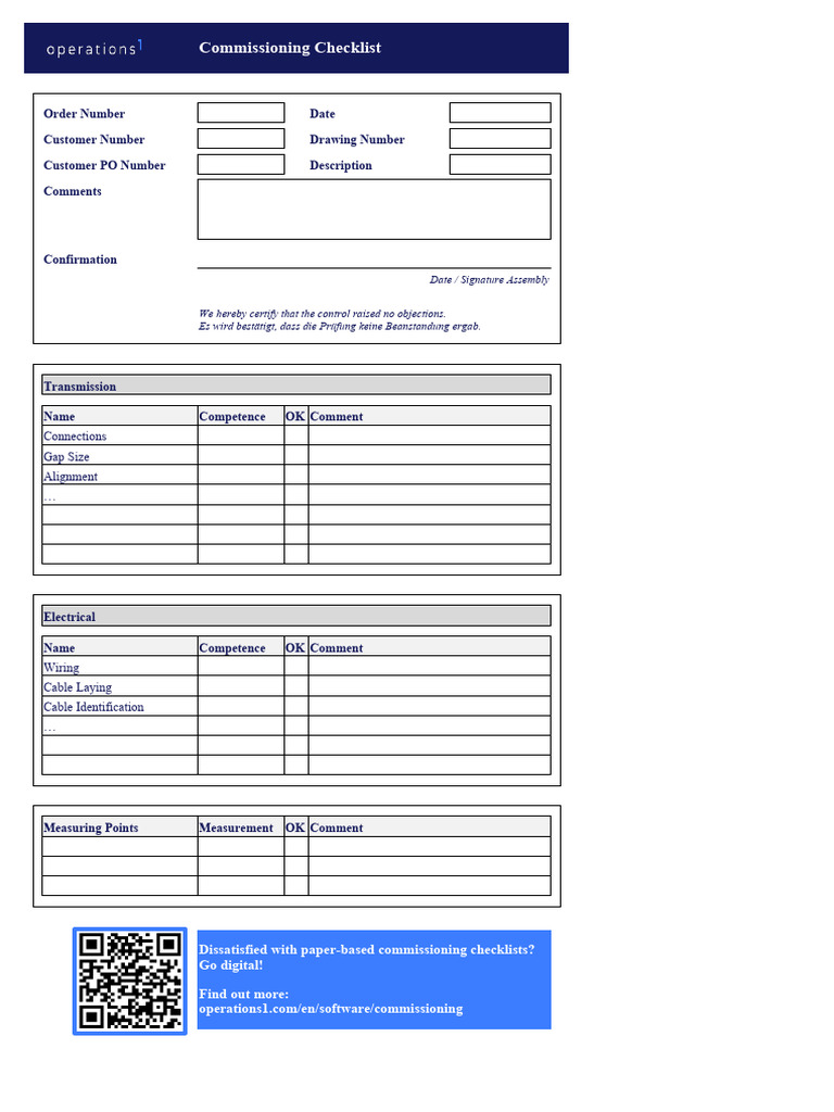 Commissioning Checklist Template Operations1 | PDF