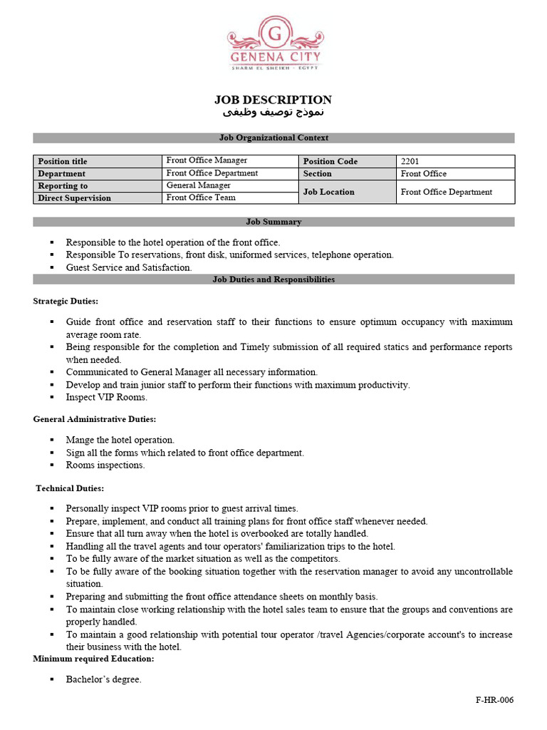 Front Office Manager Job Description | PDF | Communication | Business