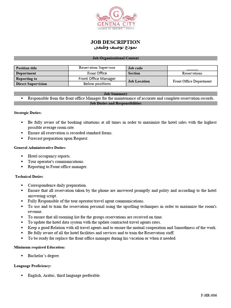 JD of Reservation Supervisor English | PDF | Business