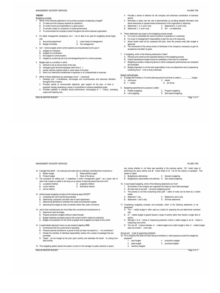 MSQ 06 Master Budget Test Bank Compress | PDF