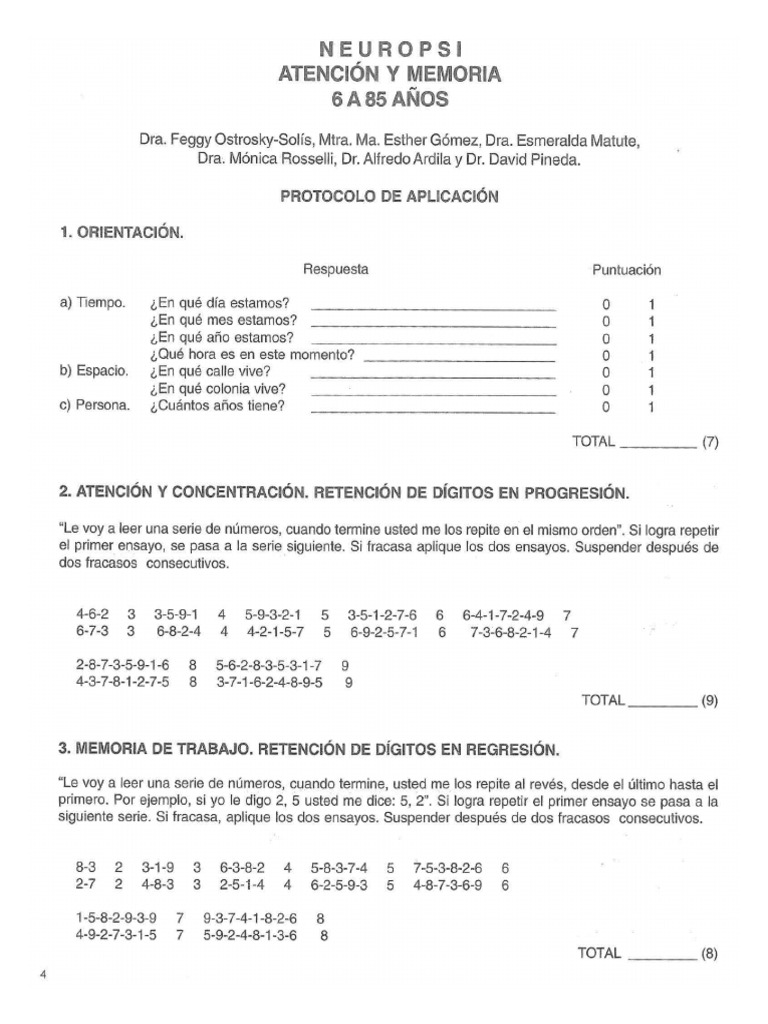 NEUROPSI. Atencion y Memoria. Protocolo | PDF