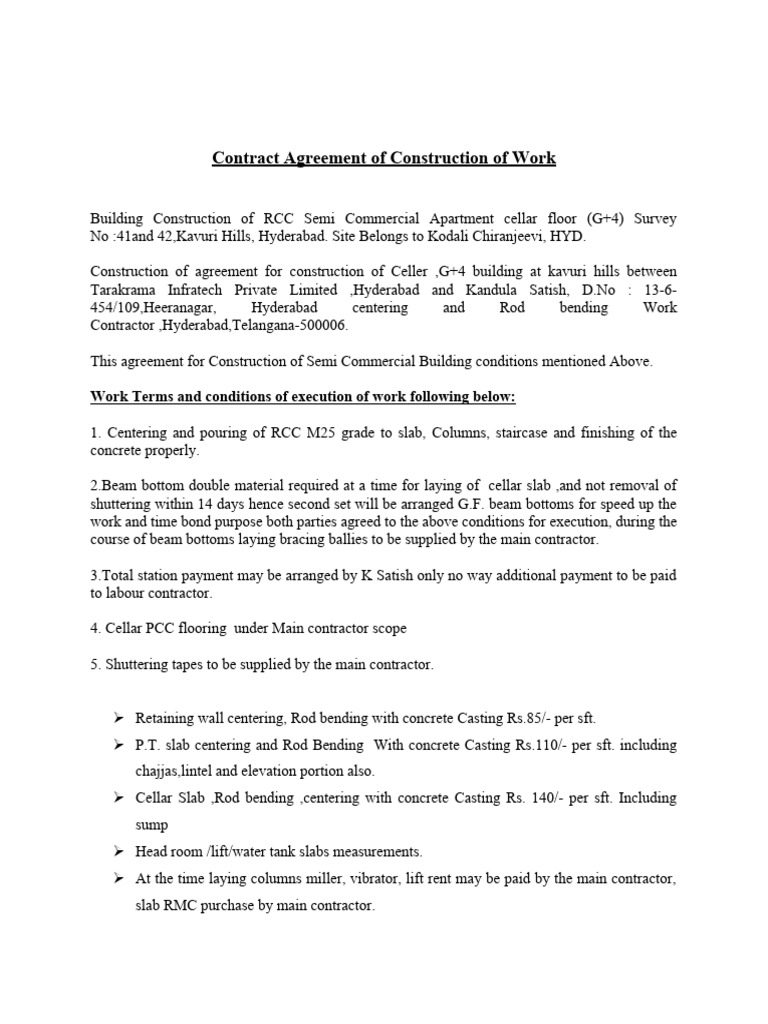 Construction Agreement for RCC Apartment | PDF