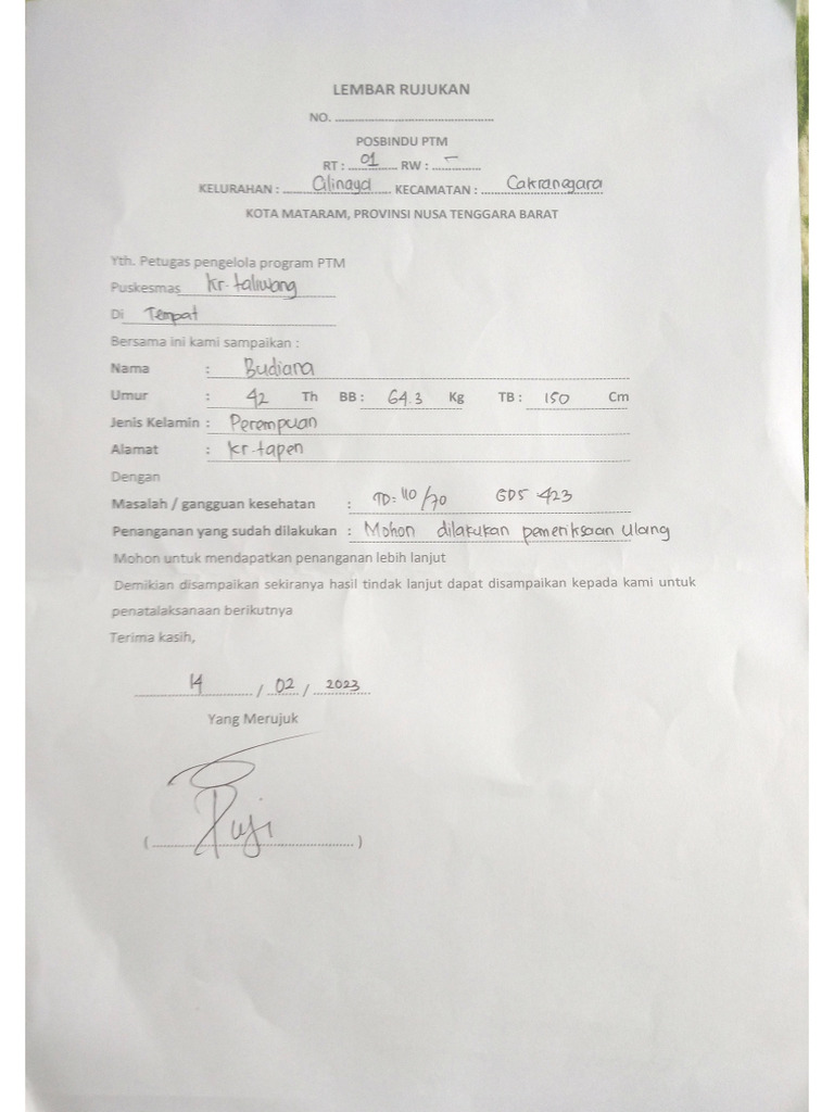 Lembar Rujukan Posbindu Puskesmas Karang Taliwang | PDF