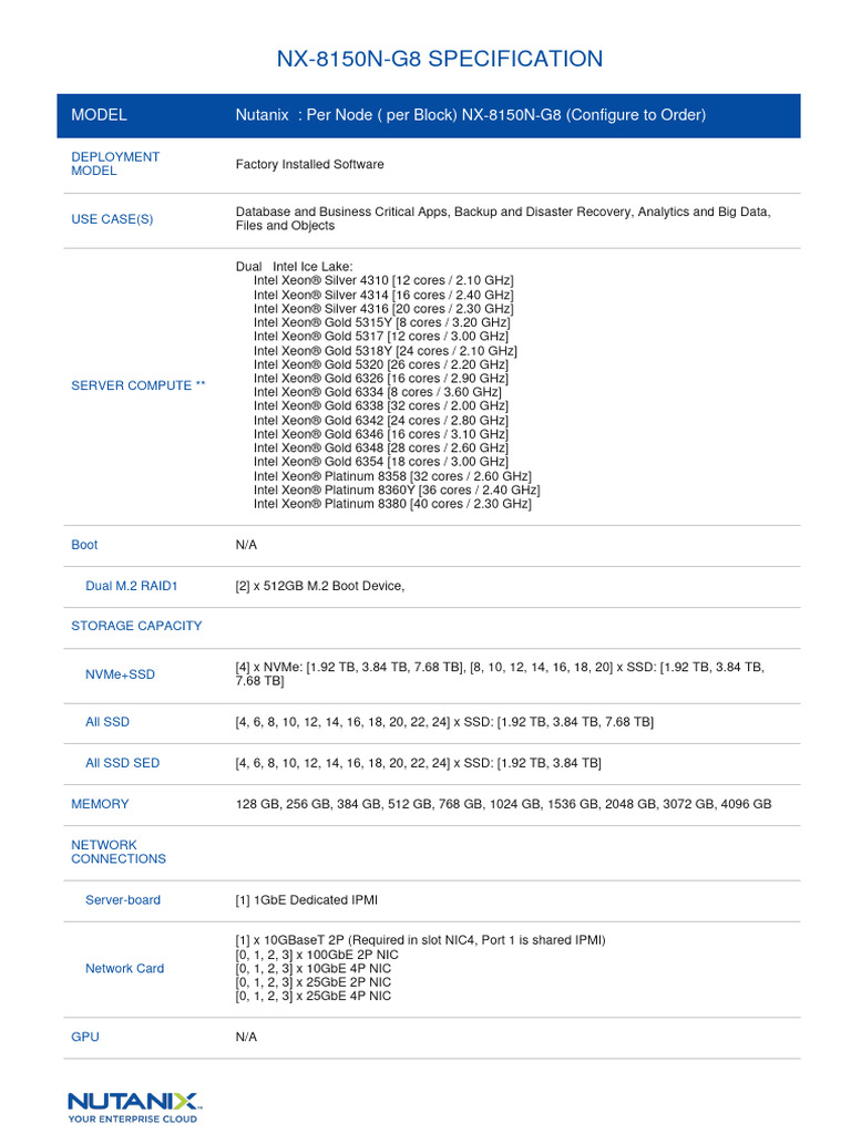 Nx-8150N-G8 Specification: Model Nutanix: Per Node (Per Block) NX-8150N ...