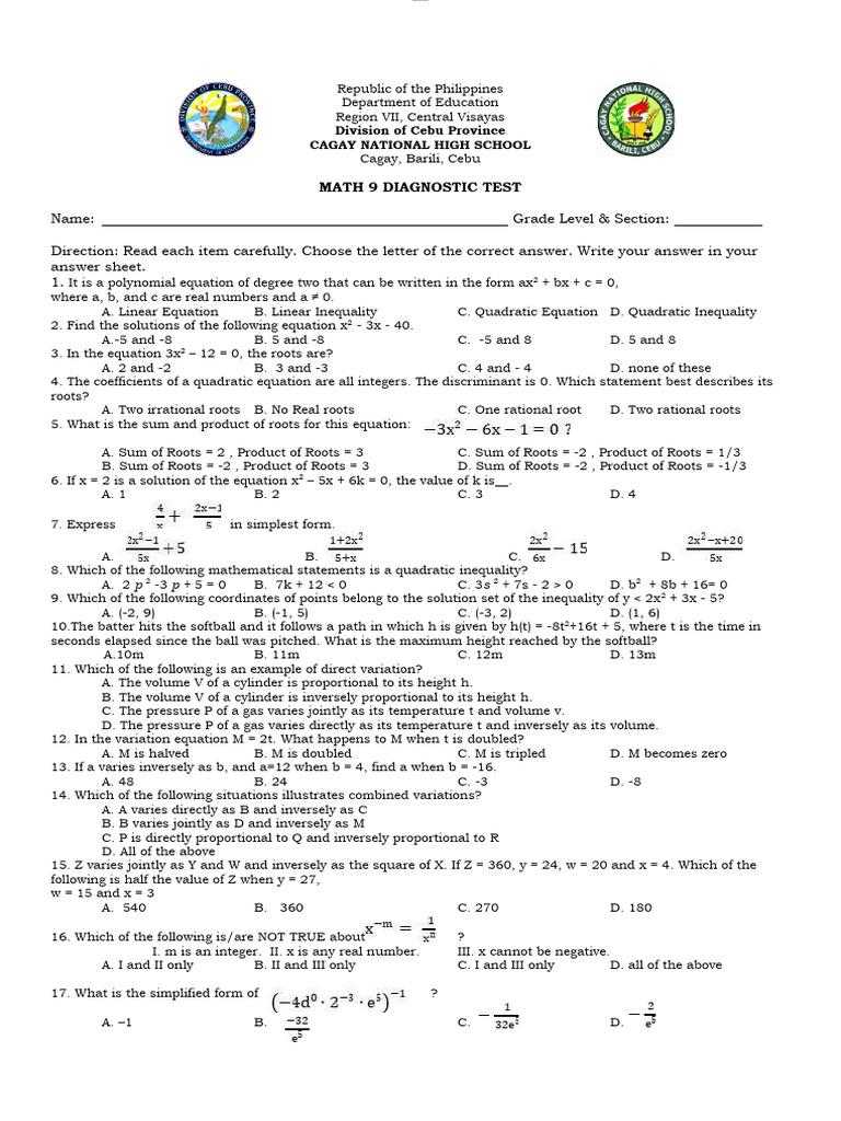 Diagnostic 9 | PDF | Equations | Quadratic Equation