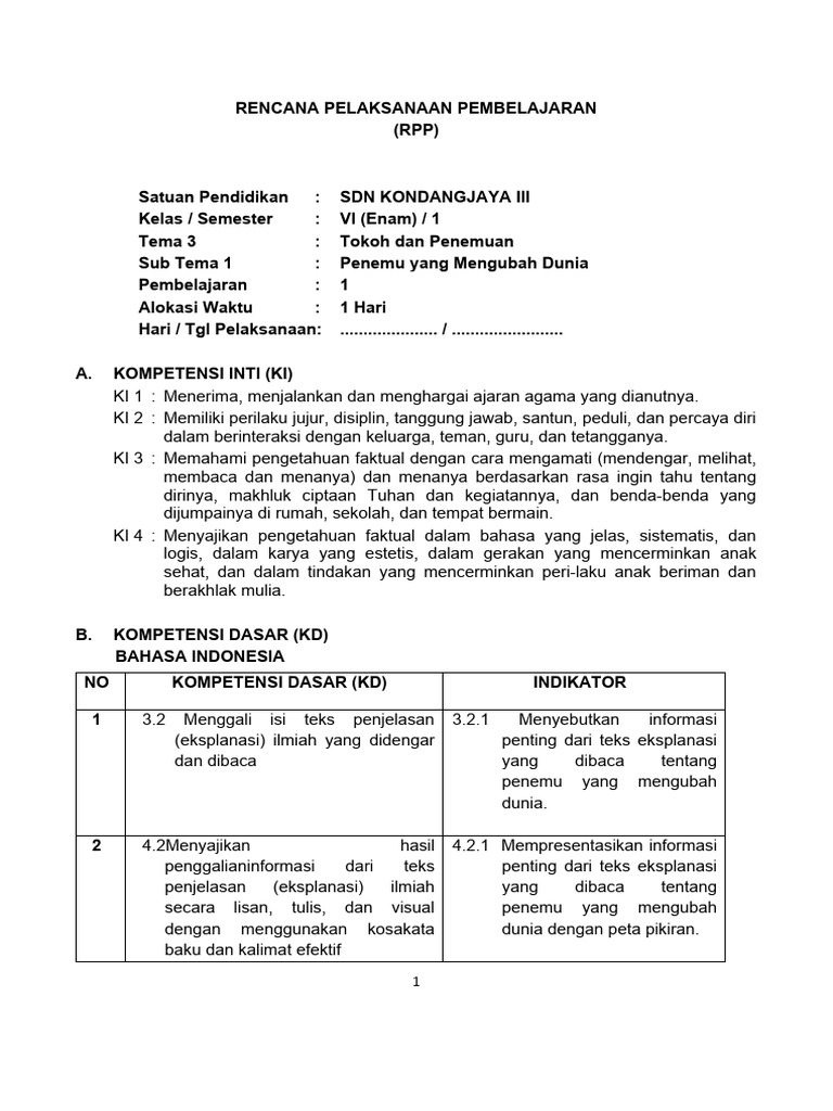RPP K6 Tema 3 ST 1 Rev. 2018 | PDF