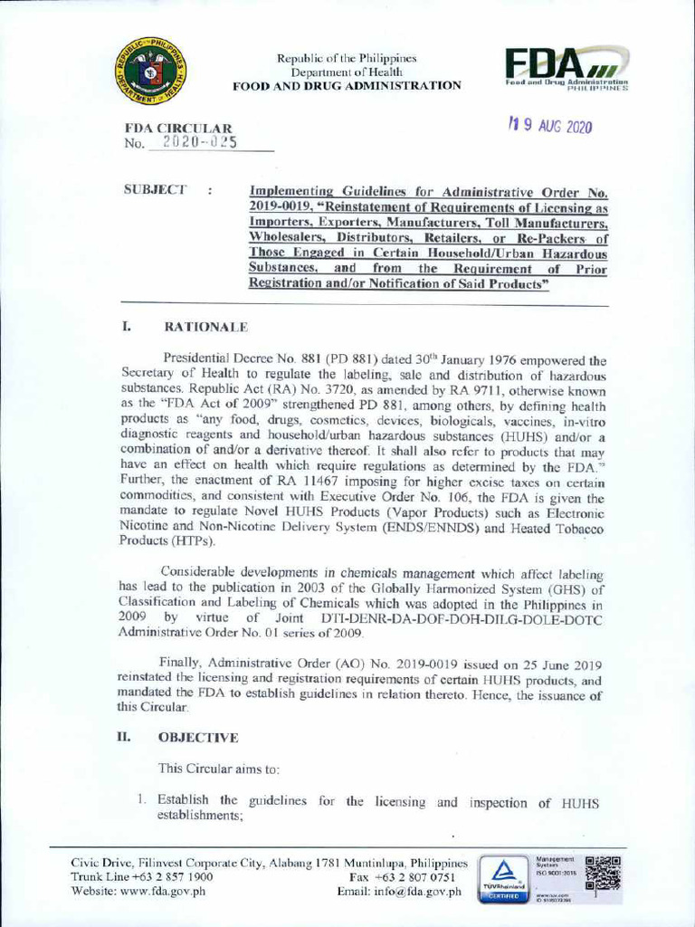 FDA Circular No.2020 025 | PDF