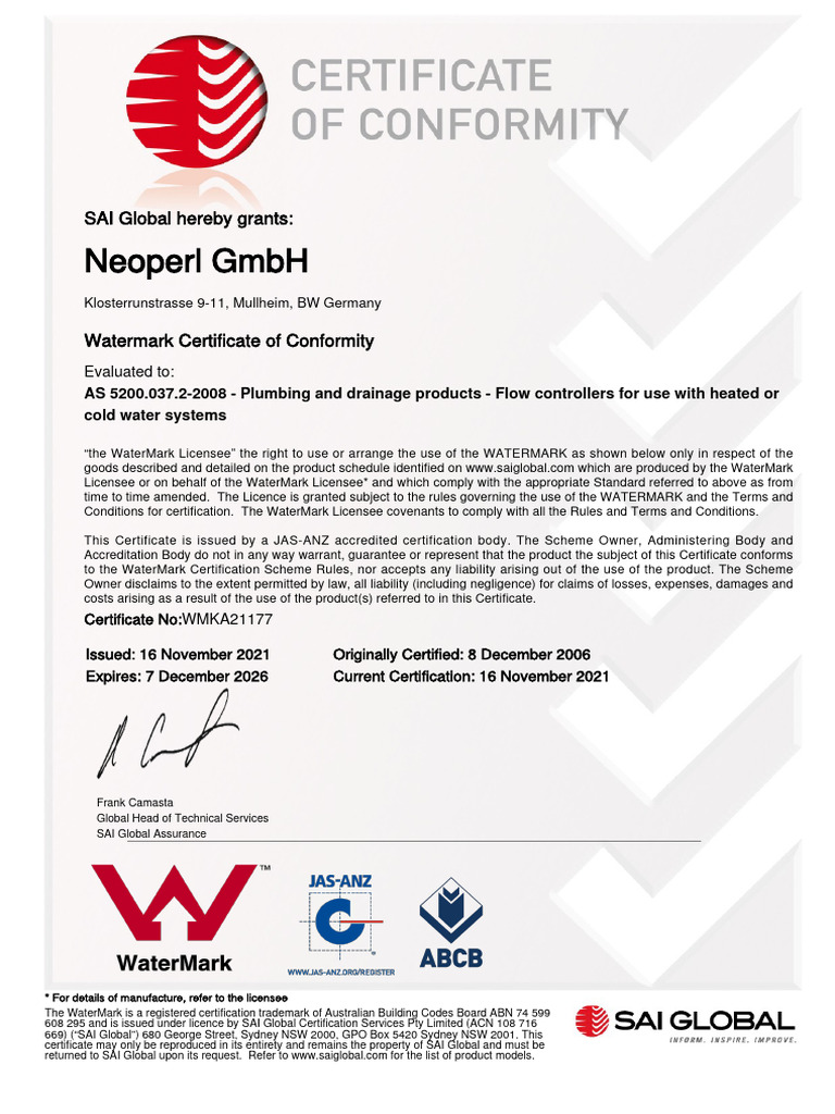 WaterMark Certification for Neoperl | PDF | Certification | License