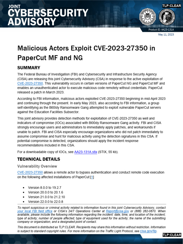 Aa23-131a Malicious Actors Exploit Cve-2023-27350 in Papercut MF and NG 1-2 | PDF | Ransomware ...