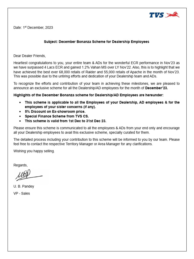 December Bonanza Scheme For Dealership Employees | PDF