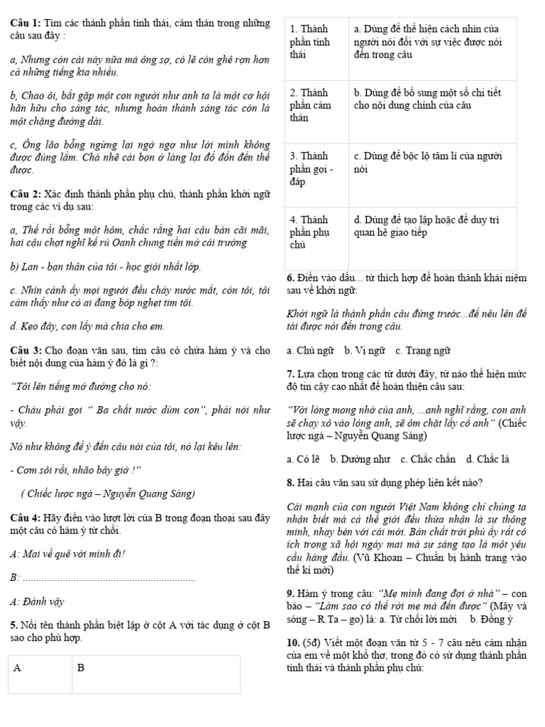 50 Câu Ôn Tập Ktra TV 9 Kì 2 | PDF