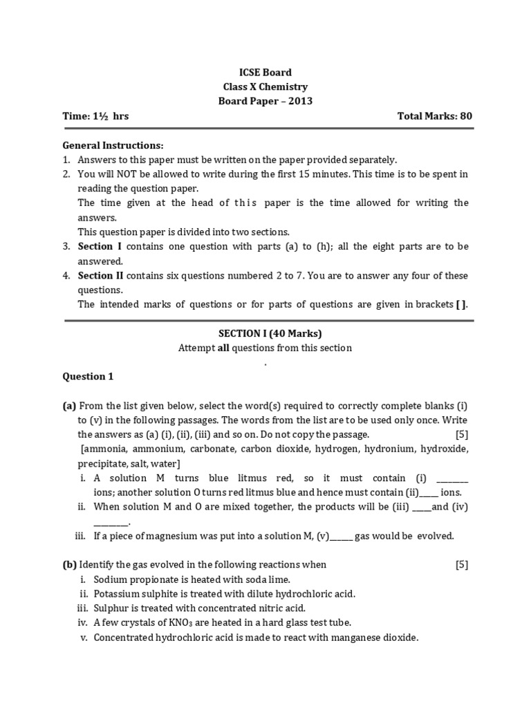 ICSE Class X Chemistry Board Paper 2013 | PDF | Chlorine | Oxide