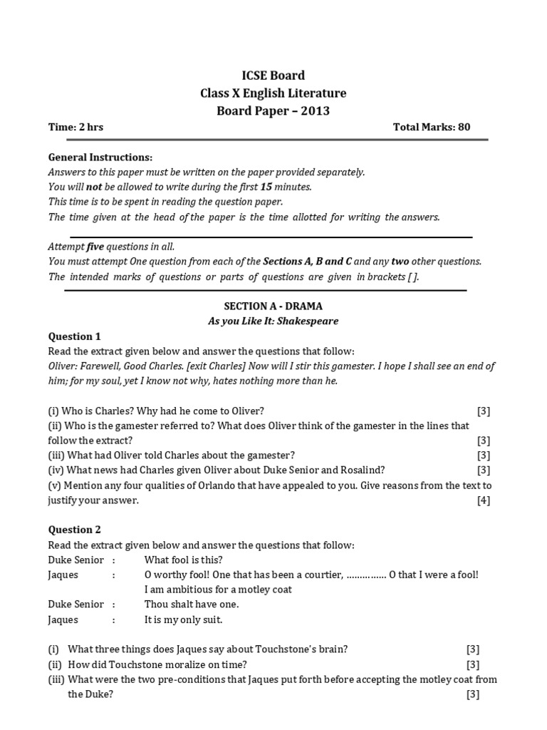 ICSE Class 10 ENGLISH LITERATURE Previous Year Question Paper 2013 | PDF