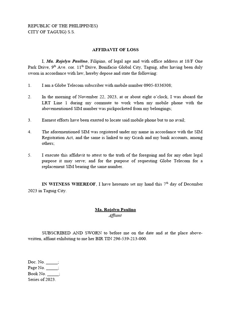 Affidavit of Loss for Mobile Phone | PDF | Finance & Money Management | Law