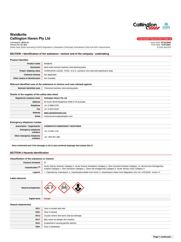 1105 Welbrite SDS 20200307 New Version | PDF | Toxicity | Allergy