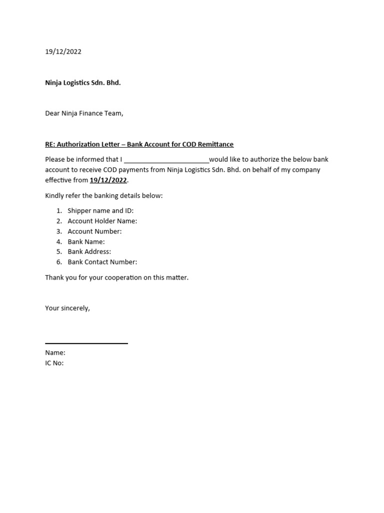 Authorization Letter - COD | PDF