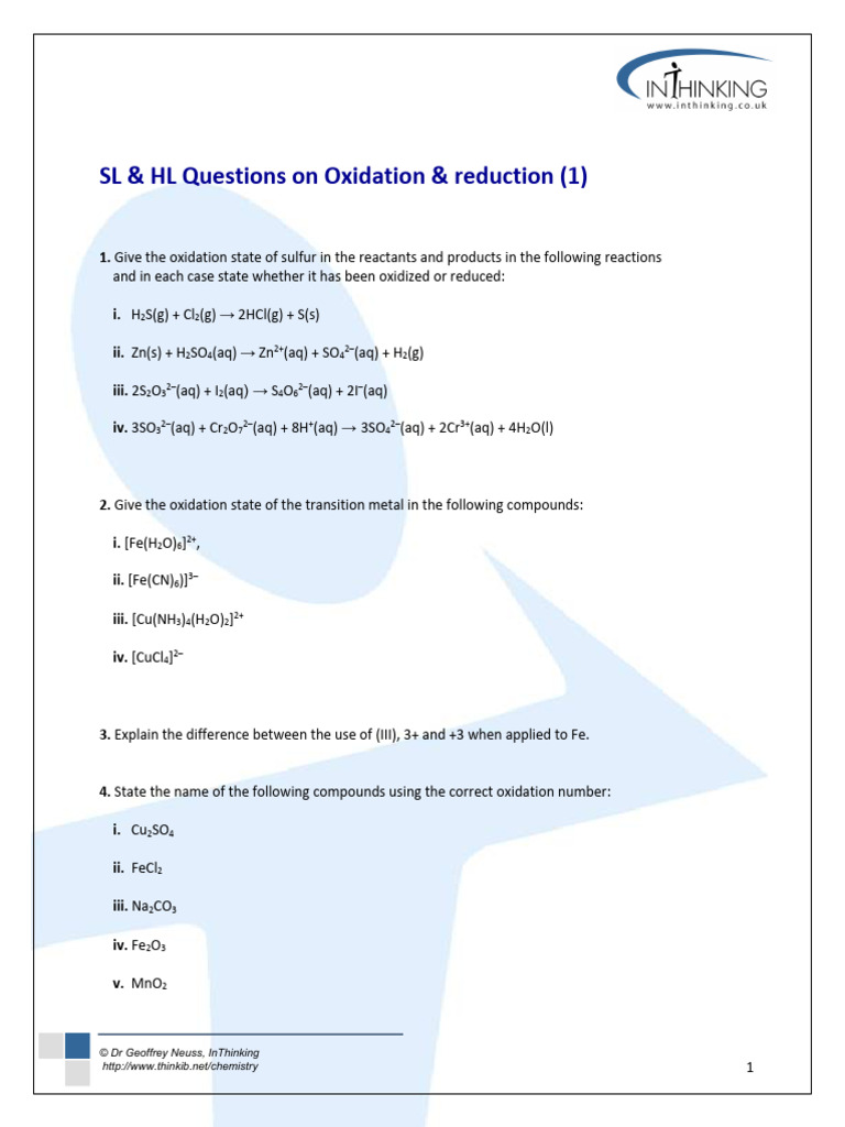 Oxidation-Reduction Worksheet Answers | PDF | Redox | Chemical Reactions