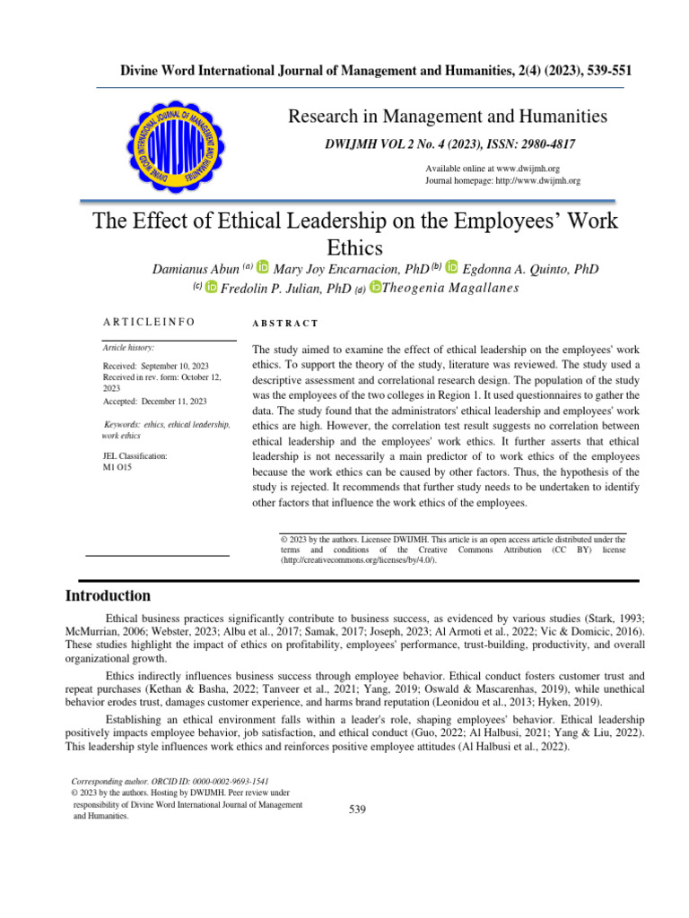 The Effect of Ethical Leadership On The Employees' Work Ethics | PDF ...