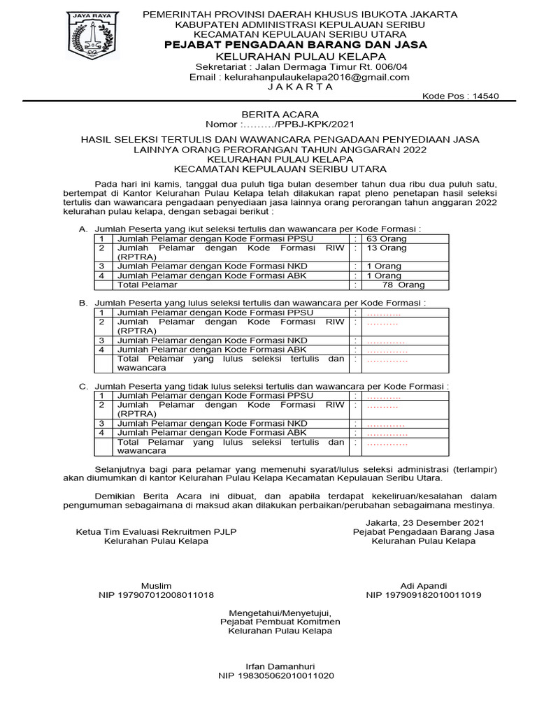 Berita Acara Seleksi Tertulis Dan Wawancara | PDF