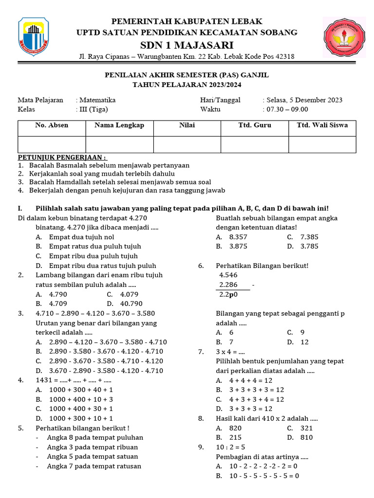 Soal Pas Ganjil Matematika Kelas Iii SDN 1 Majasari 2023-2024 | PDF
