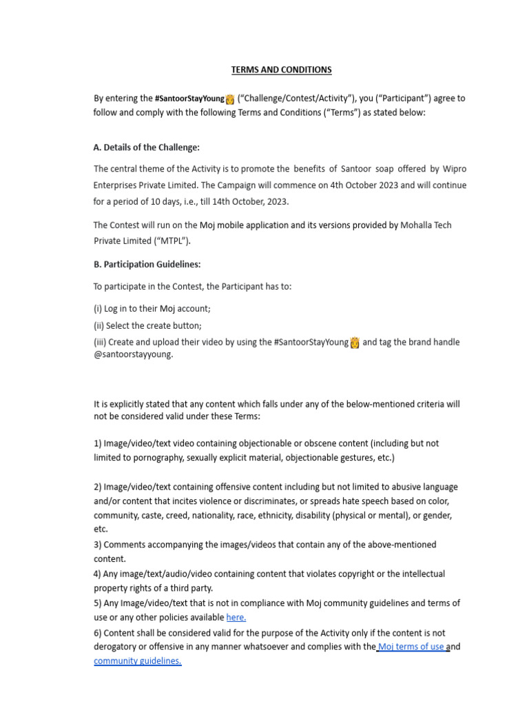 Santoor Contest Terms | PDF | Legal Liability | Common Law