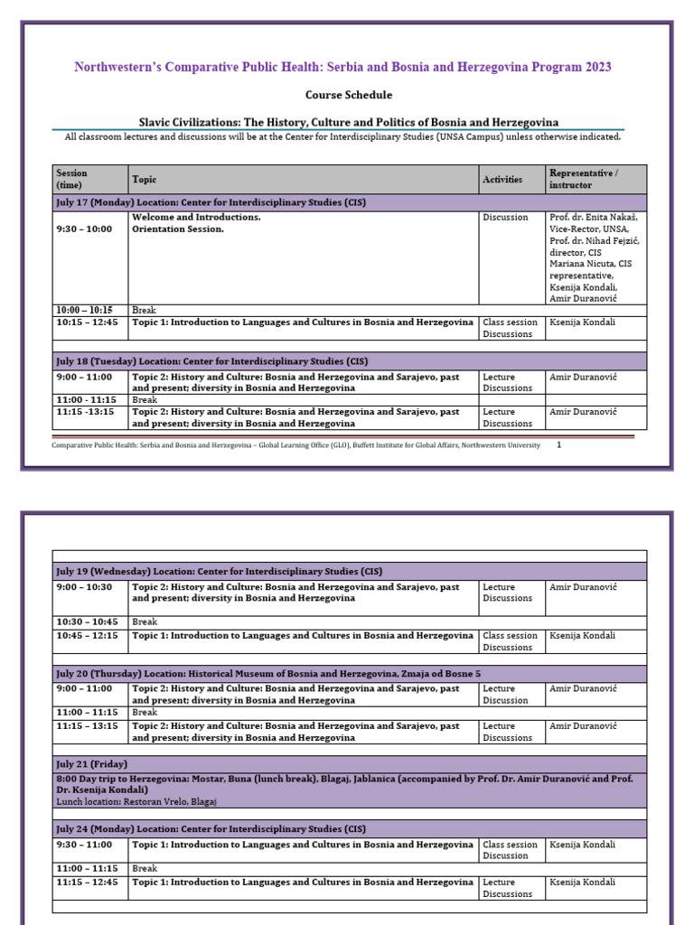 2023 NU Prg Slav Civ Schedule Draft KK | PDF | Sarajevo