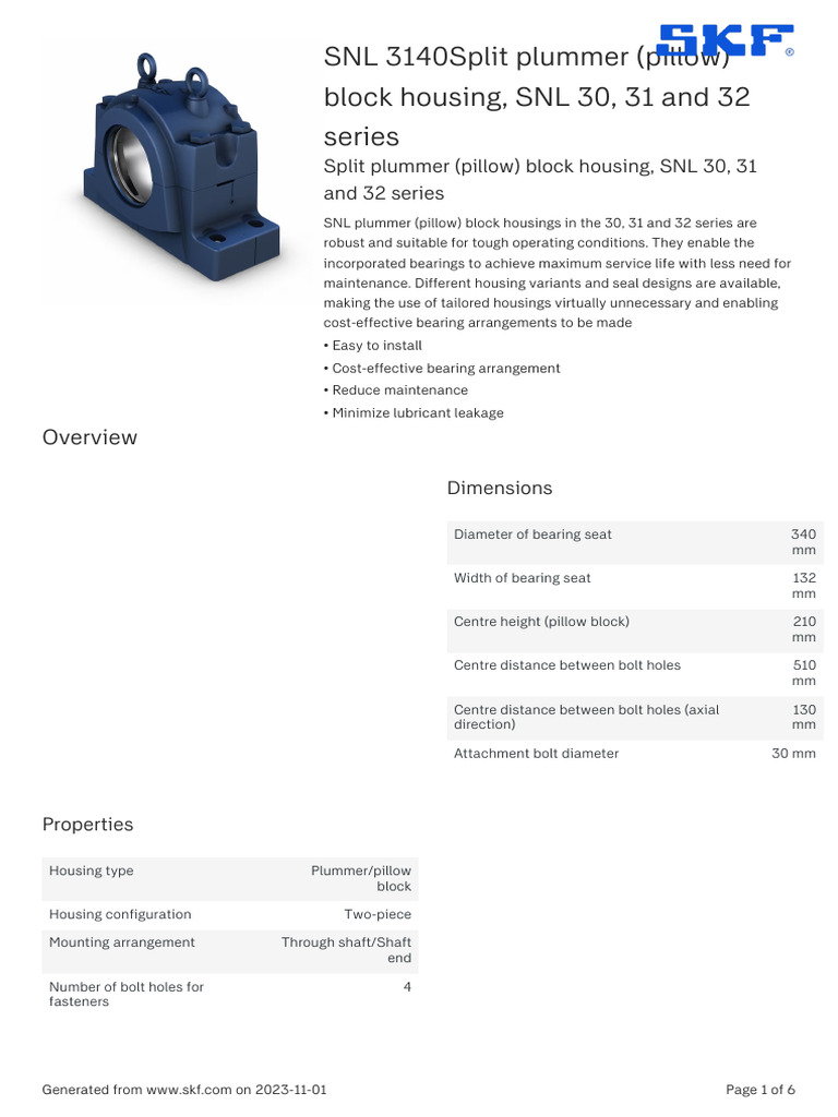 SKF SNL 3140split Plummer (Pillow) Block Housing, SNL 30, 31 and 32 Series Specification | PDF ...