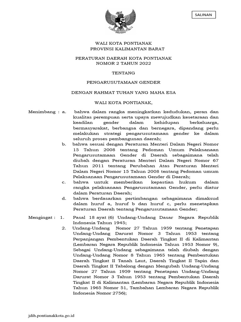 Perda Nomor 2 Tahun 2022 Tentang PENGARUSUTAMAAN GENDER | PDF