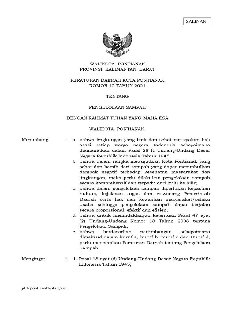 Perda Pengelolaan Sampah Pontianak | PDF