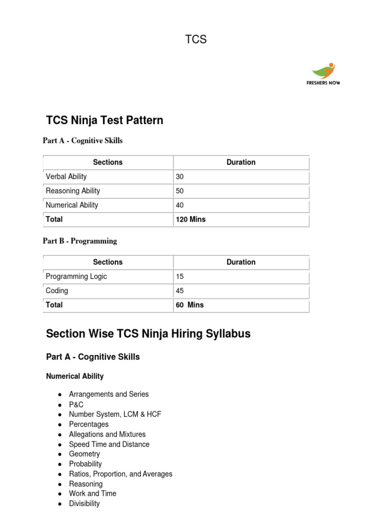 TCS Ninja Test Pattern Topics | PDF | C++ | Computer Programming