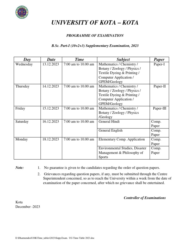 UG Class Supplementary Exam Time-Table 2023 | PDF | Science