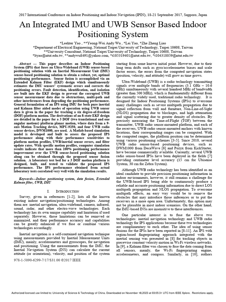 An Integrated Imu And Uwb Sensor Based Indoor Positioning System Pdf Inertial Navigation