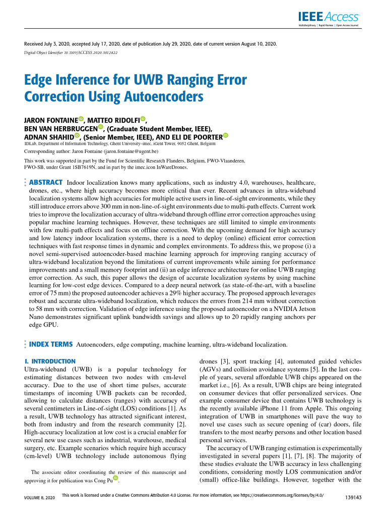Edge Inference For UWB Ranging Error Correction Using Autoencoders ... Edge Inference For UWB Ranging Error Correction Using Autoencoders ...