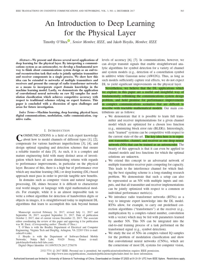 An Introduction To Deep Learning For The Physical Layer | PDF | Deep Learning | Machine Learning