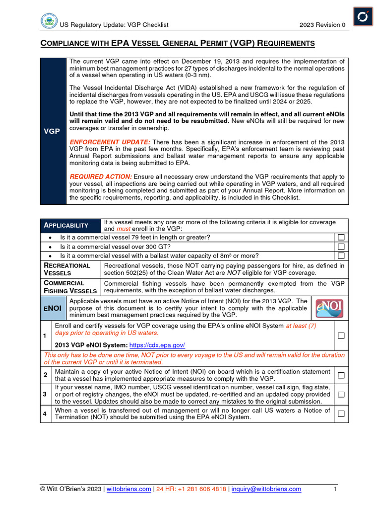 2023 VGP Checklist Rev 0 - 23 - 1 - 2023 - 9 - 36 - 20 | PDF | Water | Pollution
