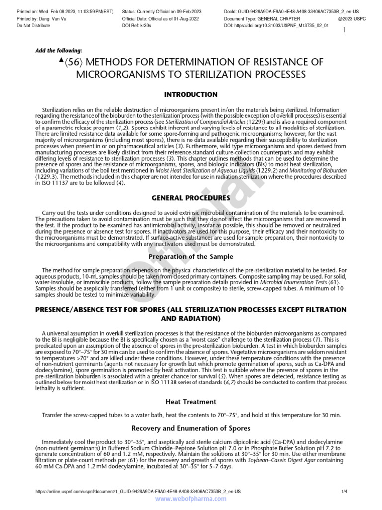 〈56〉 Methods for Determination of Resistance of Microorganisms to Sterilization Processes ...