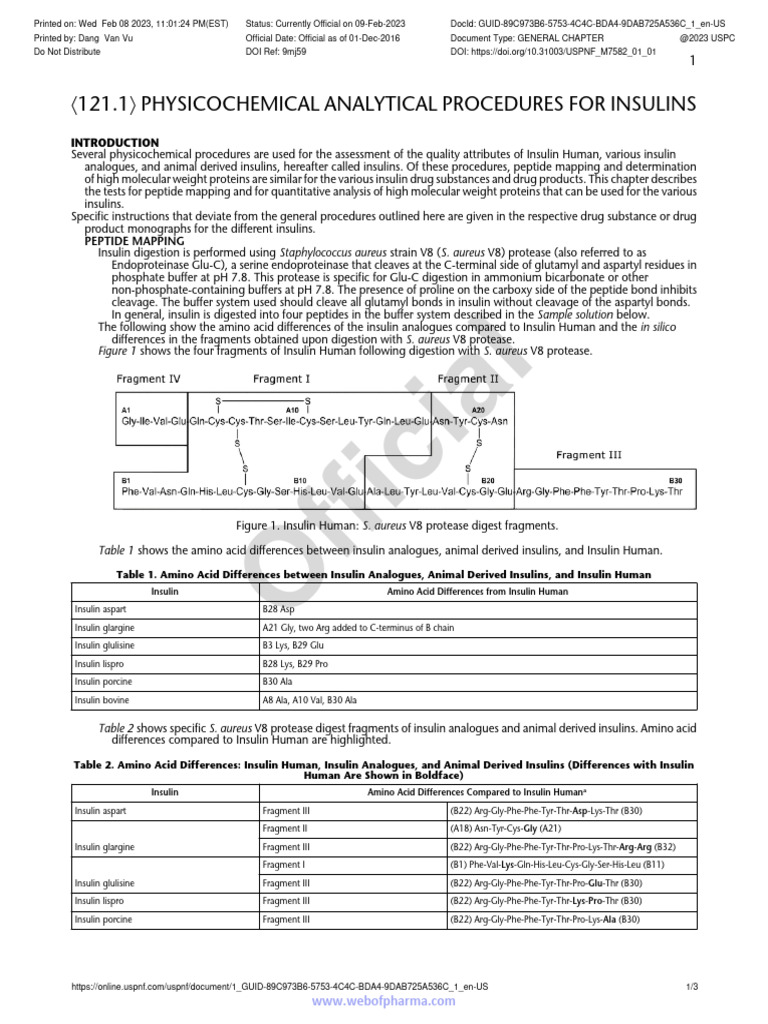 〈121.1〉 Physicochemical Analytical Procedures for Insulins | PDF | Chromatography | Proteolysis
