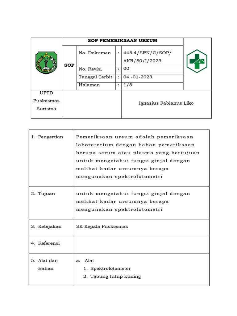 Sop Pemeriksaan Ureum | PDF | Sains & Matematika