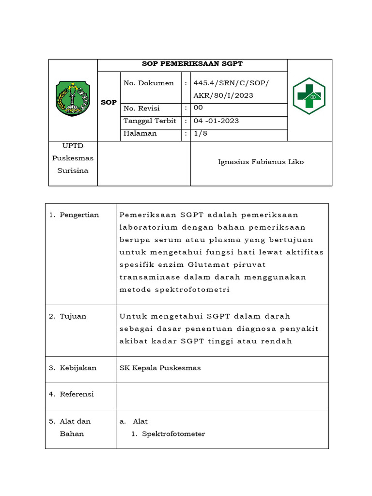 Sop Pemeriksaan SGPT | PDF