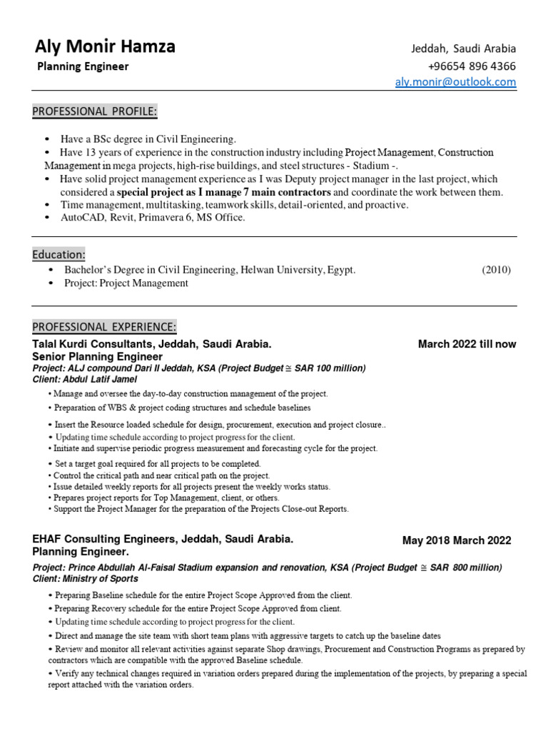 Resume Aly Monir - Planning | PDF | Saudi Arabia | Engineering
