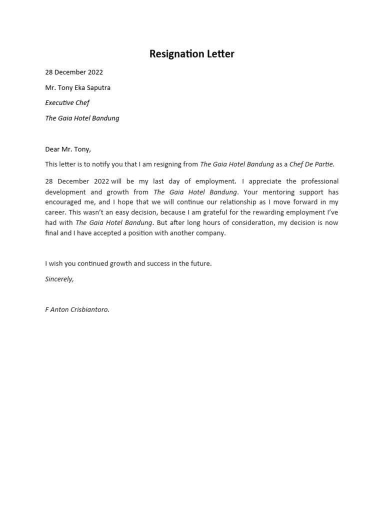 Resignation Letter HRD | PDF