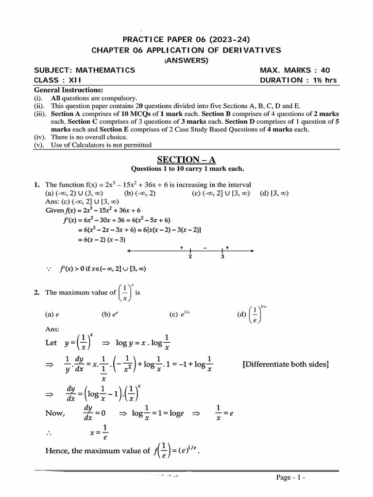 Maths Class Xii Chapter 06 Application of Derivatives Practice Paper 06 Answers | PDF
