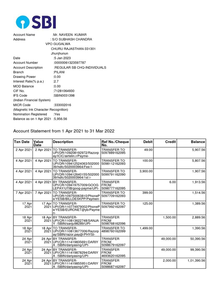 Account Statement From 1 Apr 2021 To 31 Mar 2022: TXN Date Value Date ...