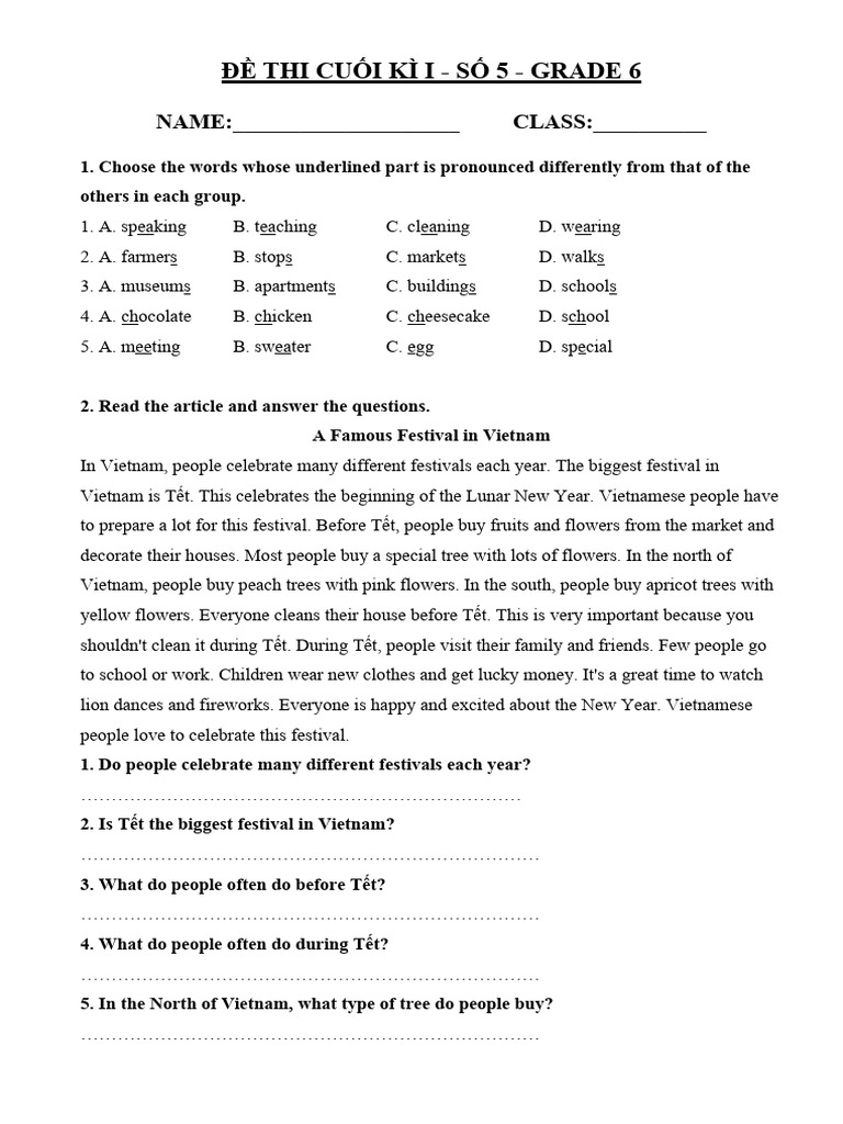 Grade 6 Final Exam - Listening & Reading | PDF
