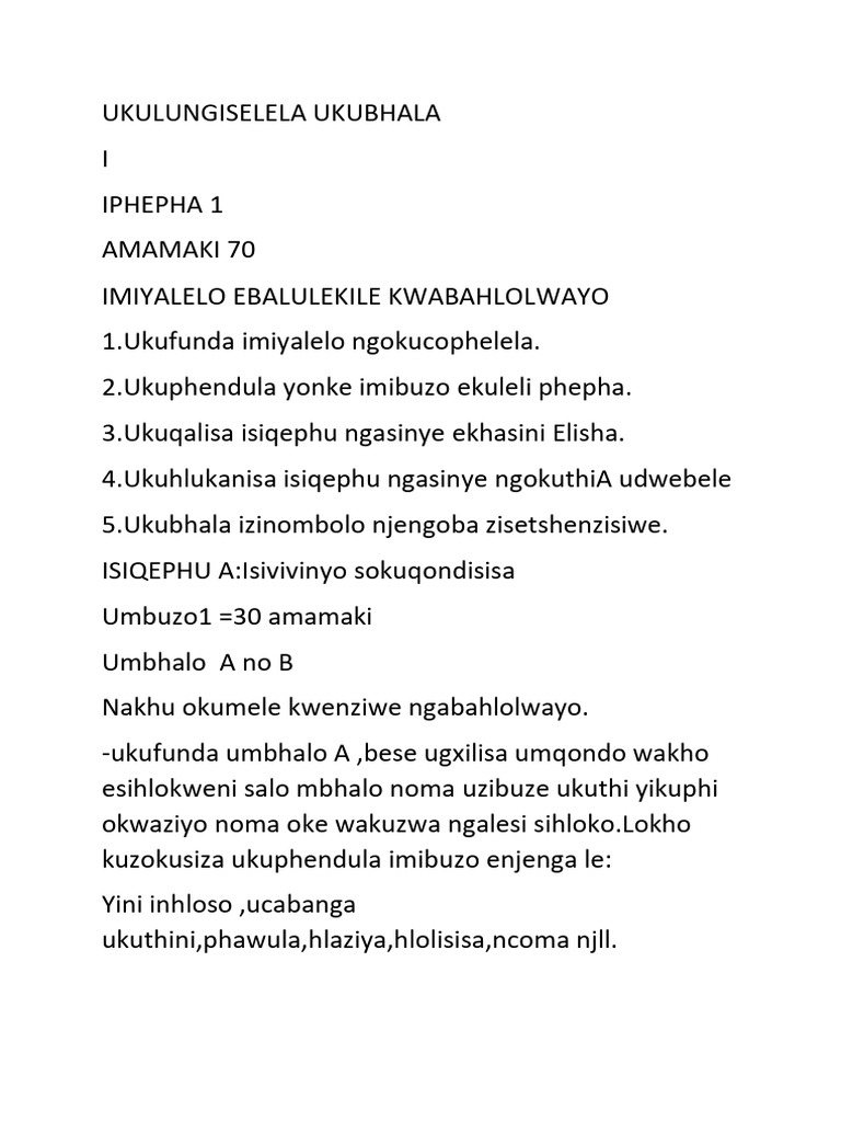 Ukulungiselela Ukubhala Isizulu p1 | PDF