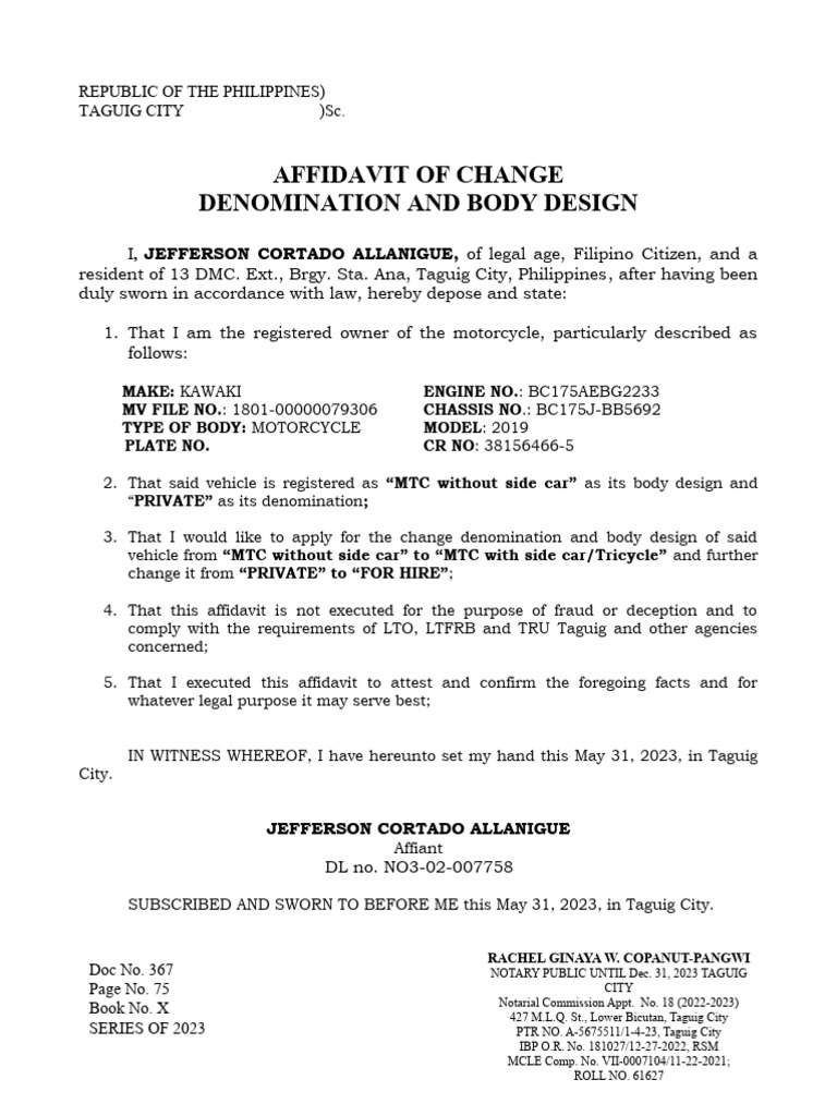 Affidavit of Change Denomination and Body Design (MC-TC) - A. DELA CRUZ ...