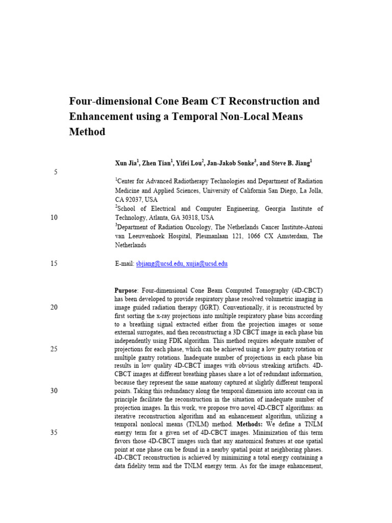 2012 Four Dimensional Cone Beam Ct Reconstruction And Enhancement Using A Temporal Non Local