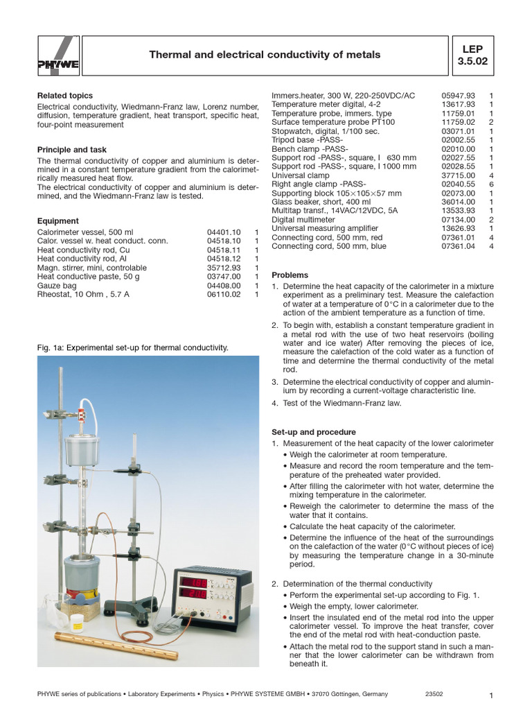 LEP 3.5.02 Thermal and Electrical Conductivity of Metals: Related Topics | Download Free PDF ...