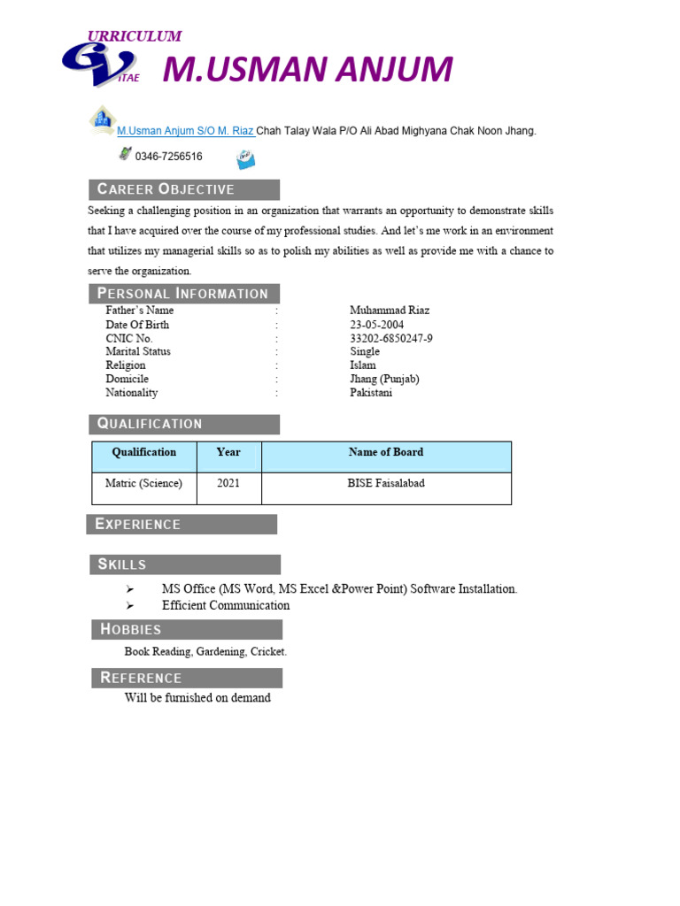 C.V Muhammad Usman Anjum | PDF C.V Muhammad Usman Anjum | PDF