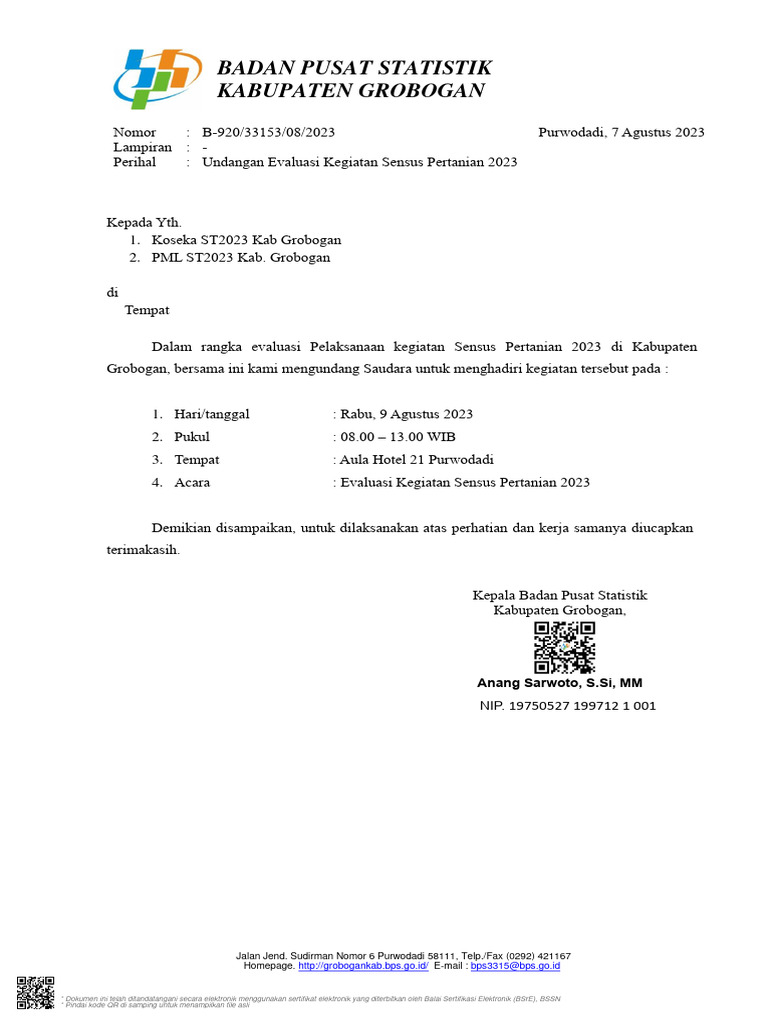 Undangan Evaluasi Petugas Sensus Pertanian 2023 9 Agustus Untuk Petugas Signed | PDF